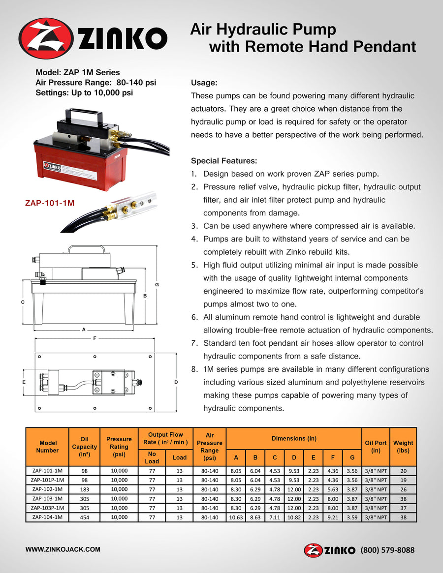 HYDRAULIC AIR PUMP With Remote Switch 100 (CU/IN) MODEL: ZAP-101-1M ...